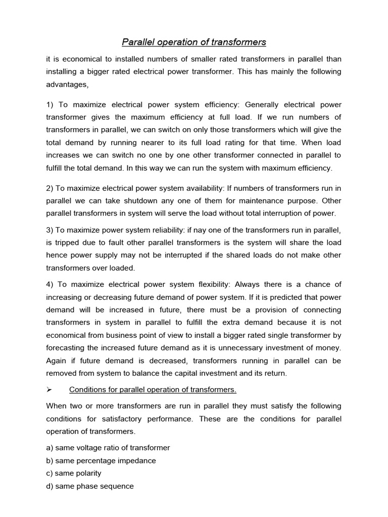 Parallel Operation of Transformers | PDF | Transformer | Electrical ...