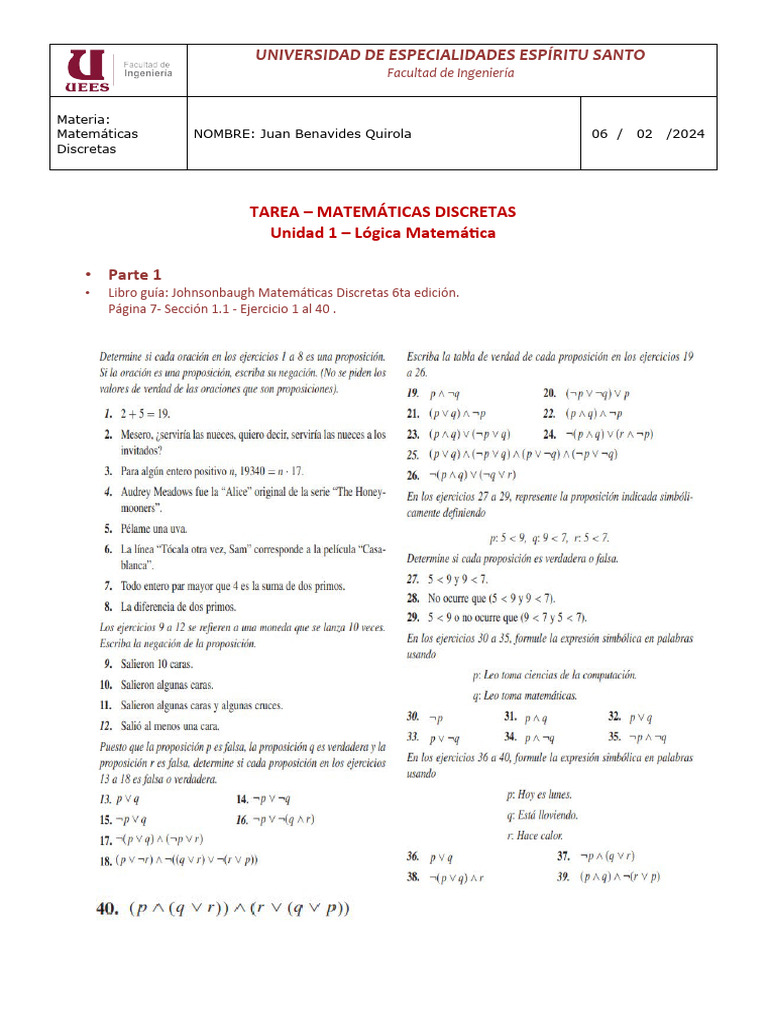 Tarea #1 Matemáticas Discretas ONLINE | PDF