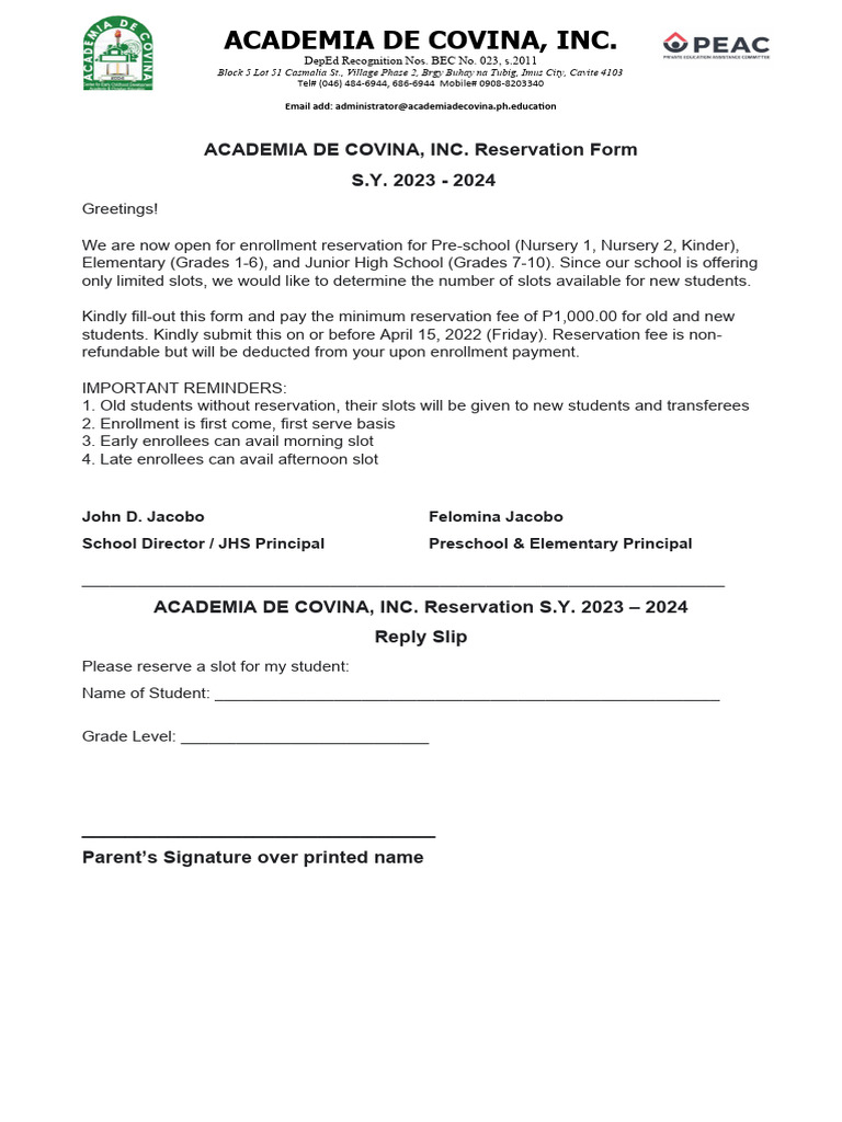 Reservation Slip | PDF | Preschool | Payments