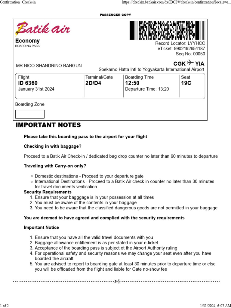 Boarding Pass Batik Air Nico S Bangun Cgkyia | PDF | Baggage | Airport