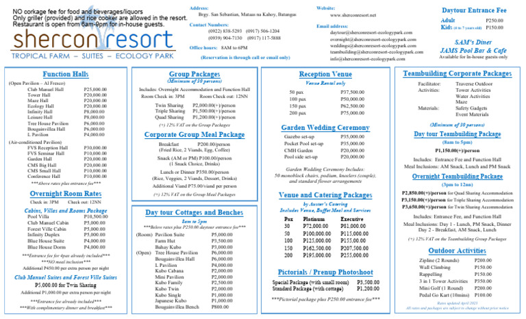 Shercon Resort Rates | PDF | Meal | Lunch