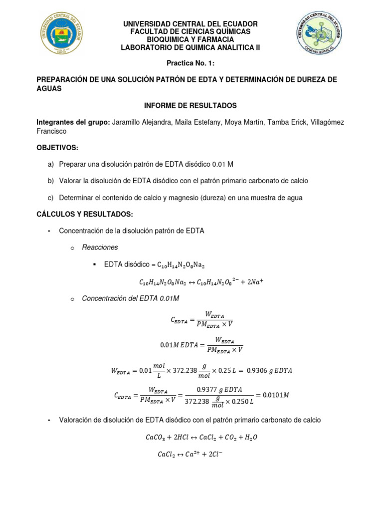 Práctica 1 Preparación de Solución de EDTA y Valoración de Dureza de ...