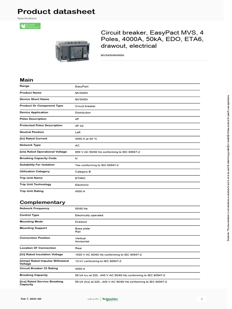 EasyPact MVS 4000A Circuit Breaker Data | PDF | Alternating Current ...