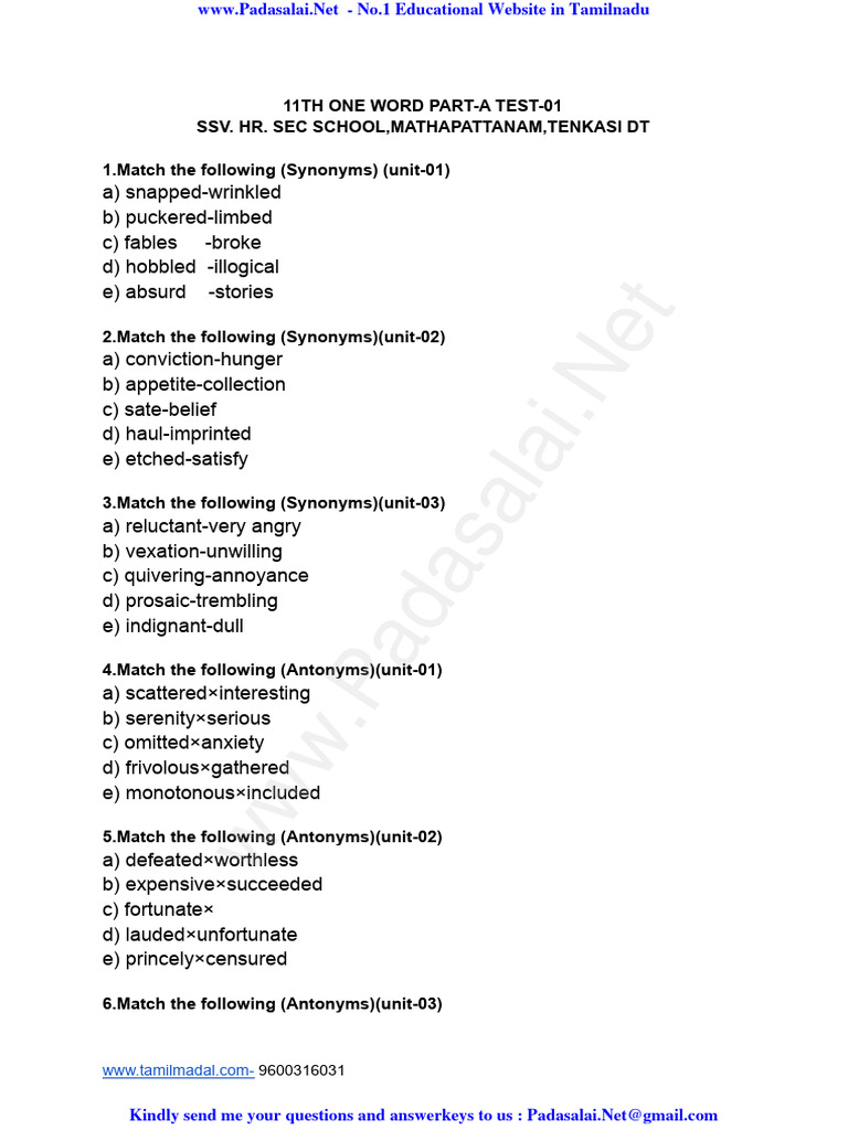 11th English One Mark Question Test | PDF | Linguistic Typology ...