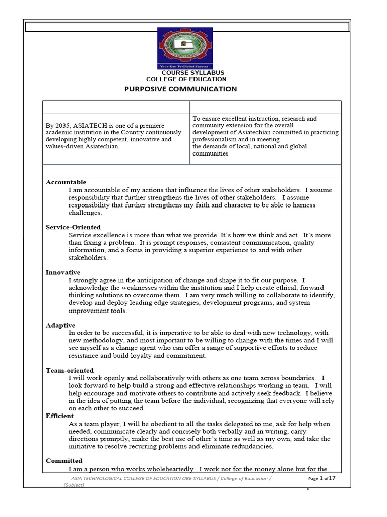 Course Syllabus - Purposive Communication | Download Free PDF ...