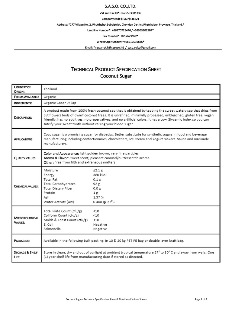 Organic Coconut Sugar Tech Specs and Nutritional Values | PDF ...