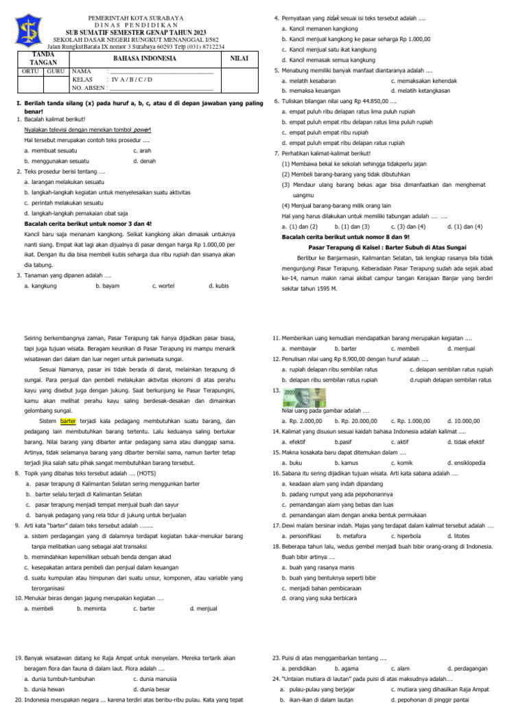 Soal Penilaian Sub Sumatif Semester II Bahasa Indonesia Kelas 4 2022-2023 | PDF