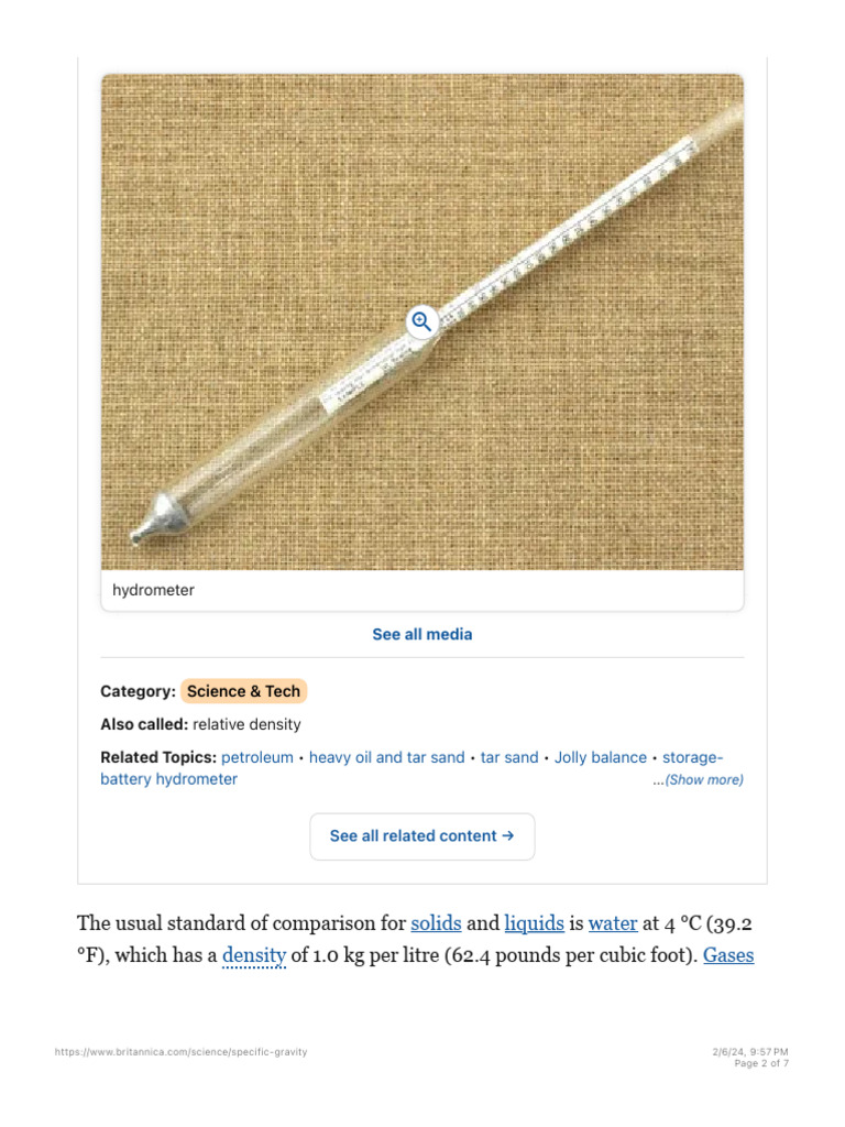 Specific Gravity | Formula, Units, & Equation | Britannica(1) | PDF