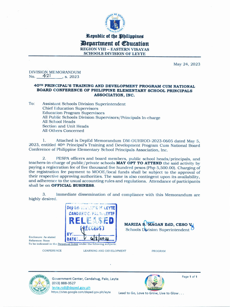 DM No. 421 S. 2023 40th Principals Training and Development Program Cum ...
