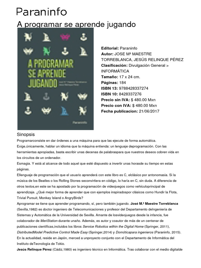 A Programar Se Aprende Jugando: Sinopsis | PDF | Informática