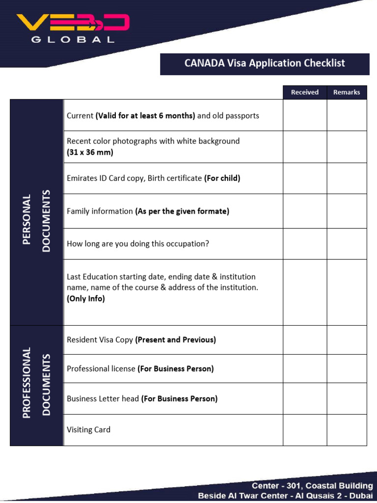 Canada Visa Application For Dubai Checklist | PDF | Travel Visa ...