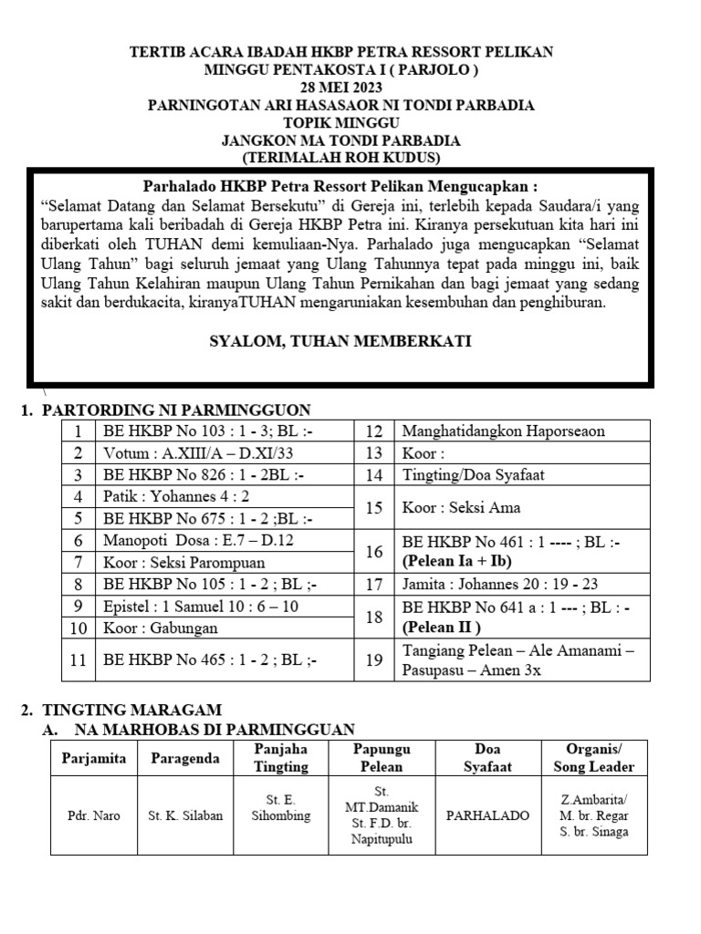 Tertib - Acara - Ibadah - HKBP - Petra - Ressort - Pelikan - 28 Meil ...