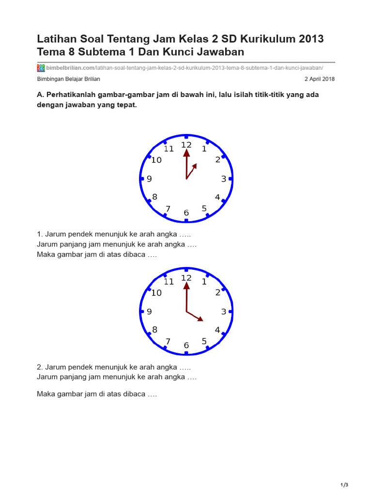 Soal Jam Kelas 2 SD Tema 8 Subtema 1 | PDF
