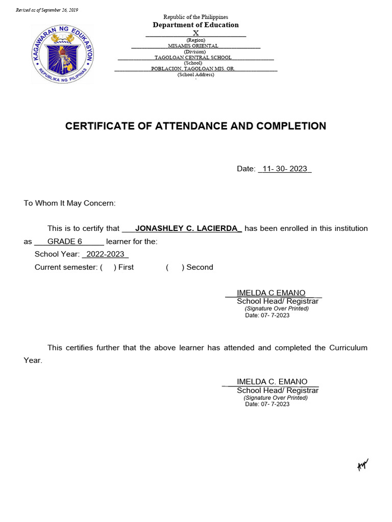 2023 - Certificate of Enrolment and Attendance Completion | PDF | Government | Philippines