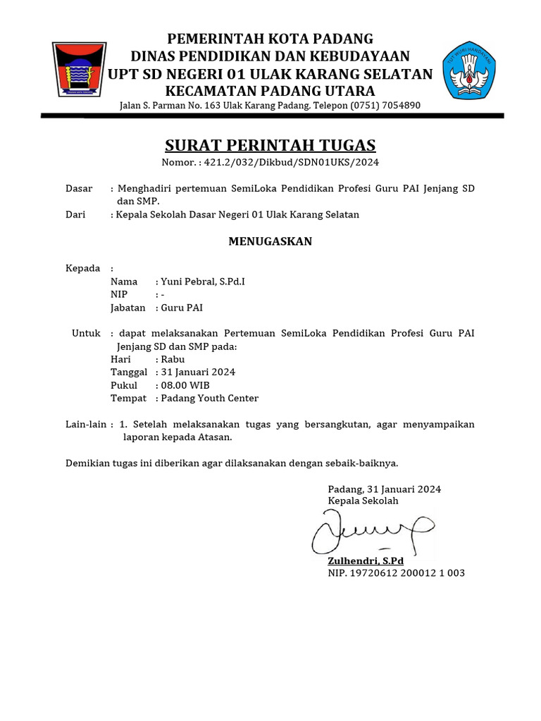 Surat Tugas Guru PAI untuk Pertemuan | PDF