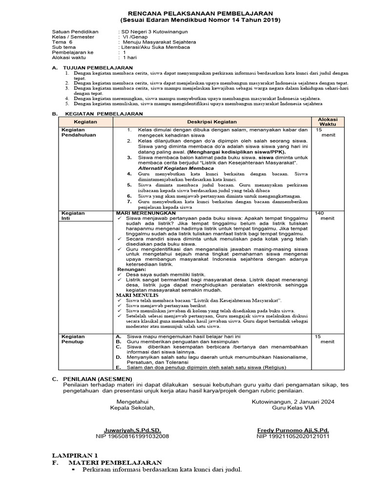 RPP 1 Lembar KLS 6 TM 6 ST 4 | PDF