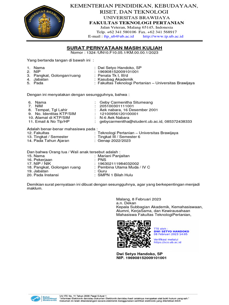Surat Pernyataan Mahasiswa UB 2023 | PDF