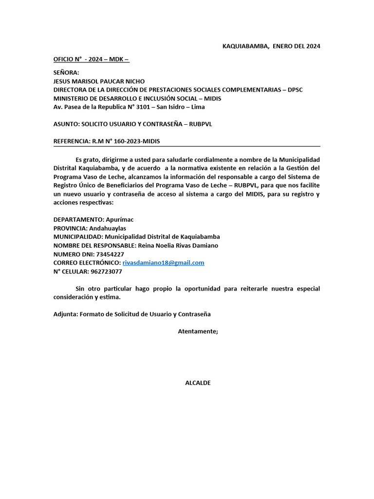 Solicitud de Usuario y Contraseña PVL | PDF