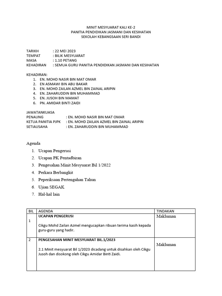 Minit Mesyuarat Panitia PJPK Bil. 2 2023 | PDF