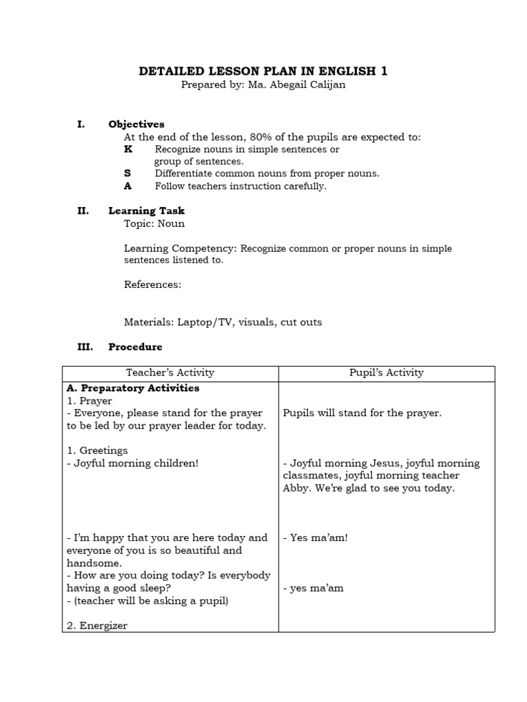 DLP in English 1 - Monday | PDF | Teachers | Noun
