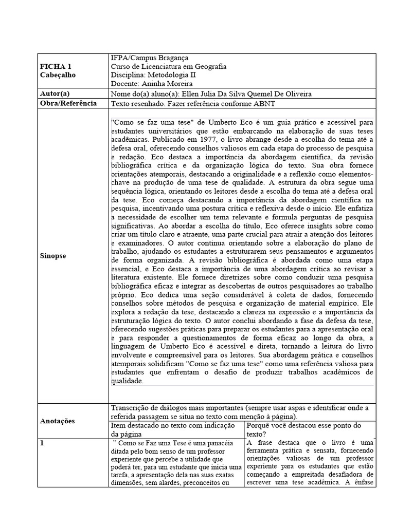 Modelo de Fichamento - Versão 2024 | PDF | Abstract (resumo) | Livros