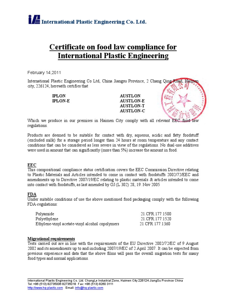 Certificate of Compliance for Plastic Food Packaging Materials Produced ...