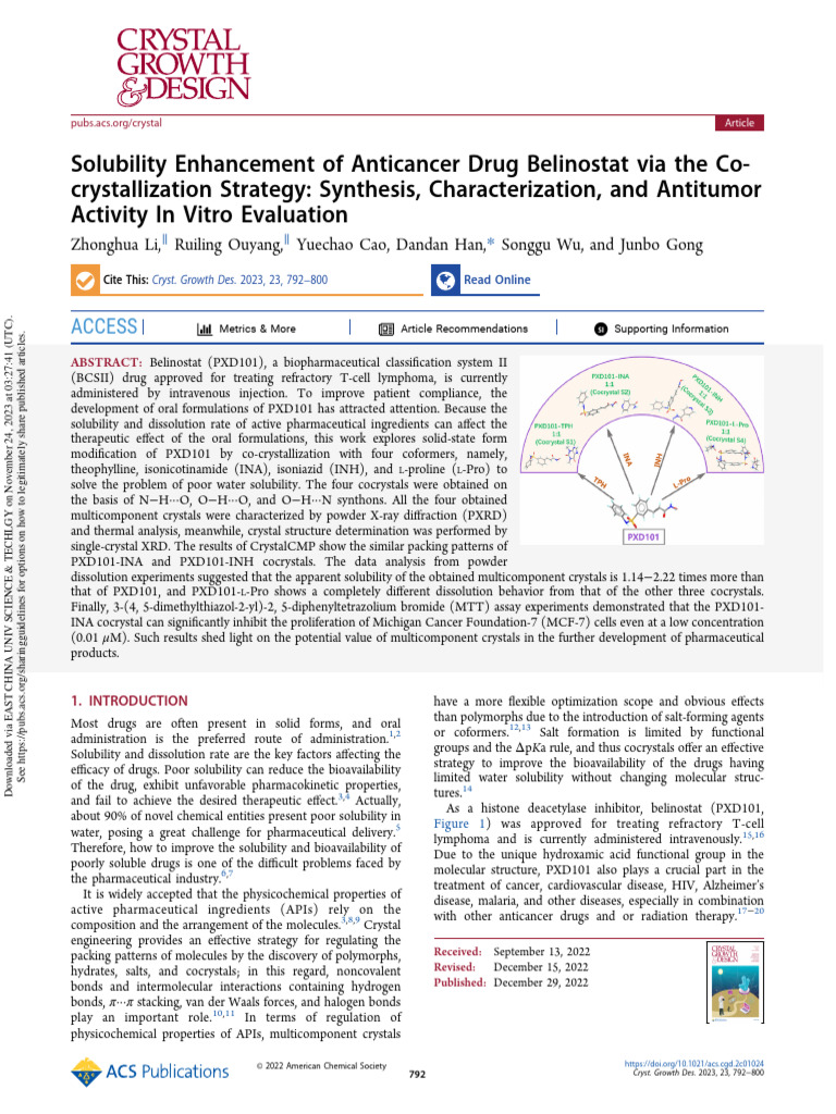 Li Et Al 2022 Solubility Enhancement of Anticancer Drug Belinostat Via The Co Crystallization ...