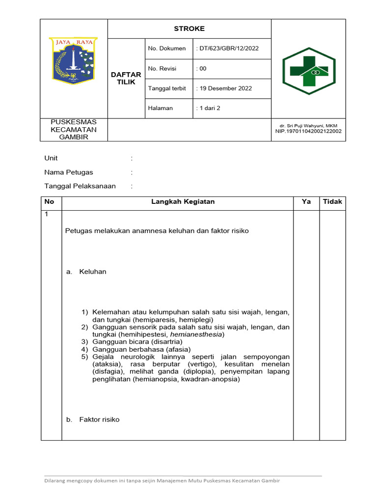 Daftar Tilik Sop Stroke Pdf