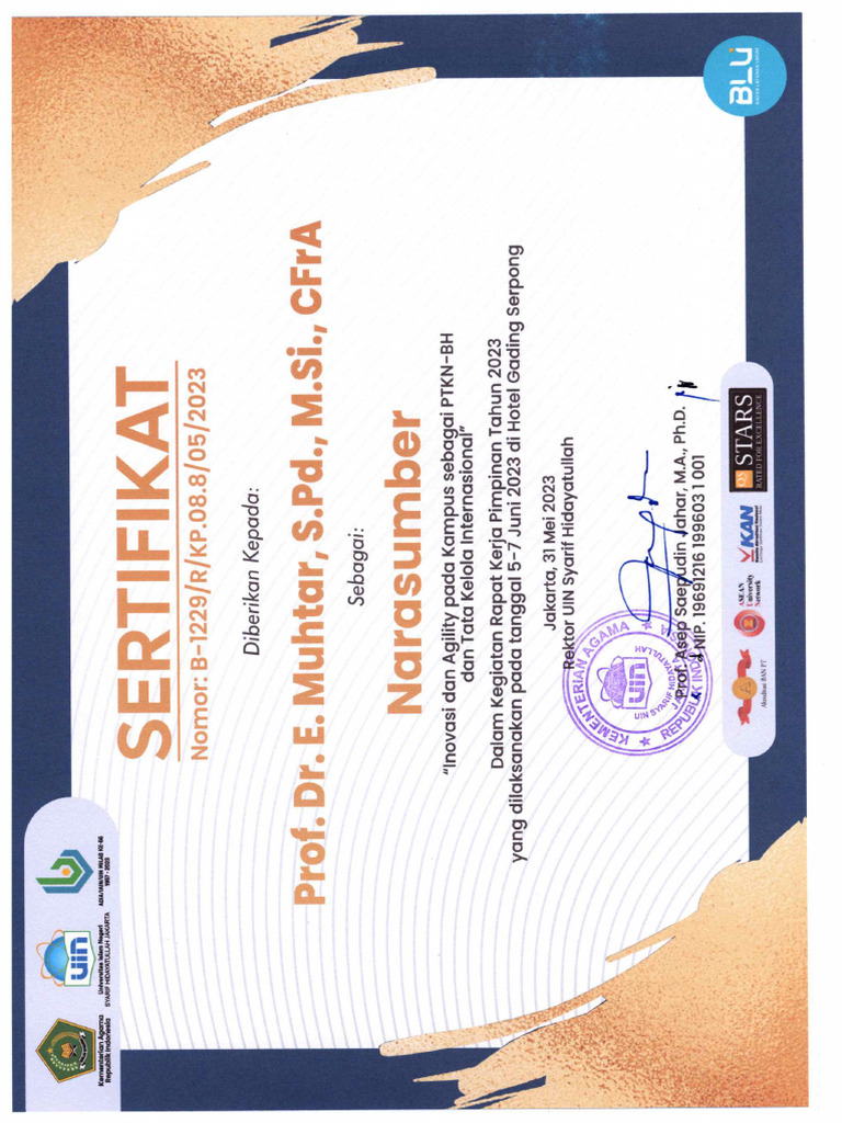 SERTIFIKAT Prof. Dr. E. Muchtar, S.PD., M.Si., CFrA | PDF
