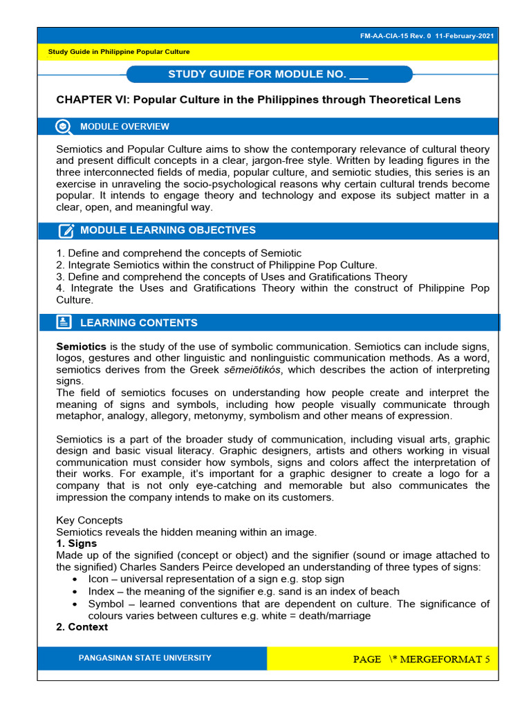 GEE 3 MODULE 6 Popular Culture in The Philippines Through Theoritical Lens | PDF | Semiotics ...