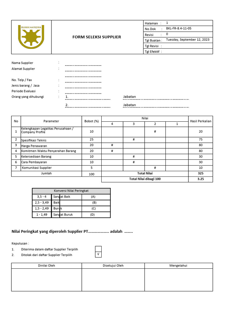 BKL-FR-8.4!11!05 Form Seleksi Supplier | PDF
