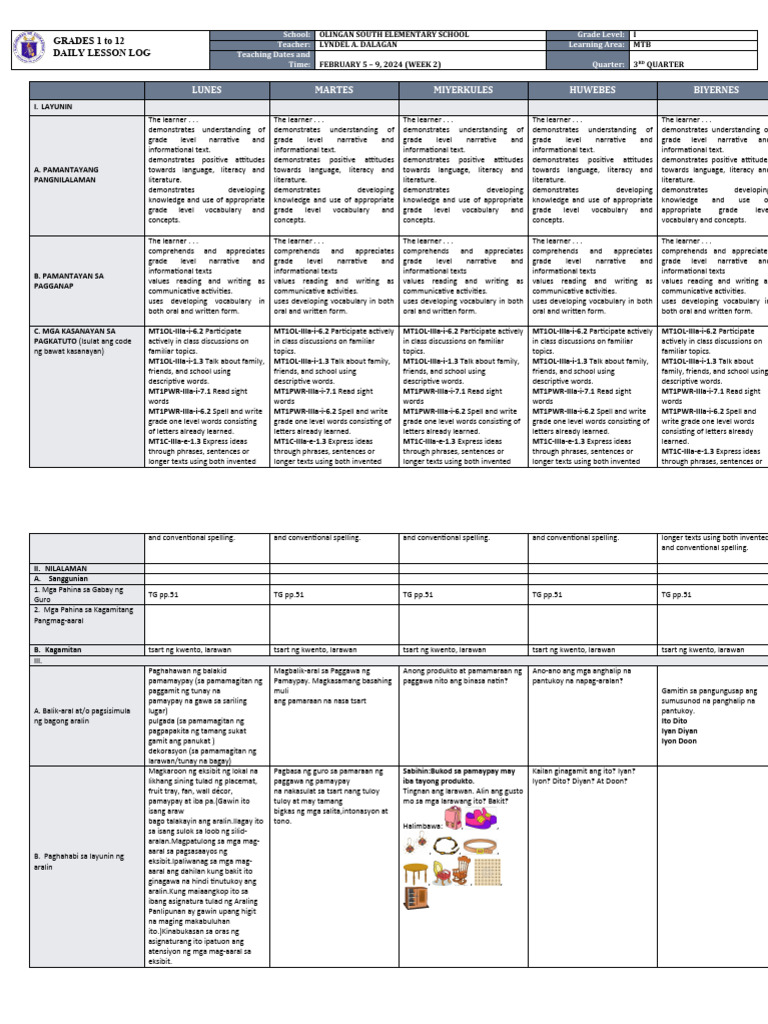 DLL - MTB 1 - Q3 - W2 | PDF | Learning | Vocabulary