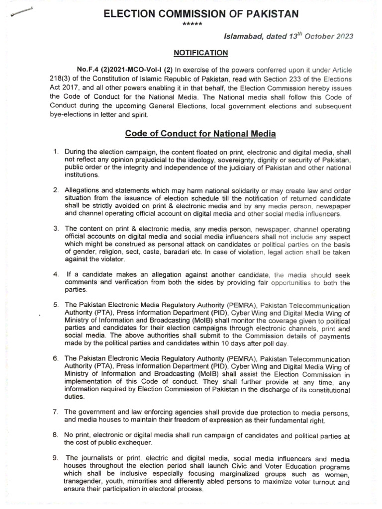 ECP Code of Conduct For National Media: General Elections 2024 | PDF