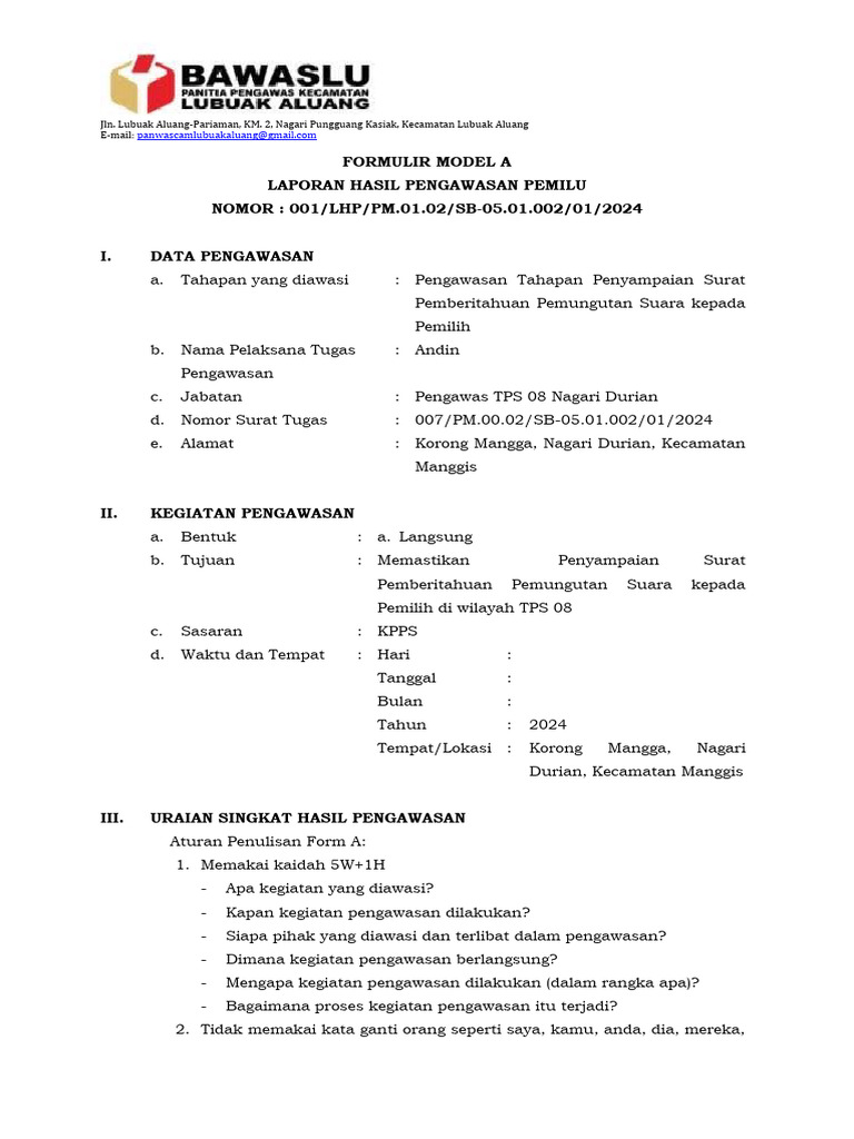 Laporan Pengawasan TPS 08 Pemilu 2024 | PDF