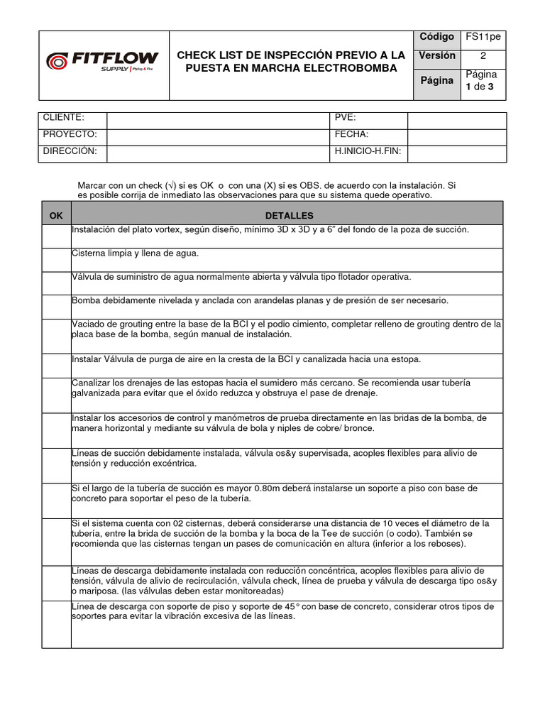 Checklist Inspección Electrobomba | PDF | Bomba | Bienes manufacturados