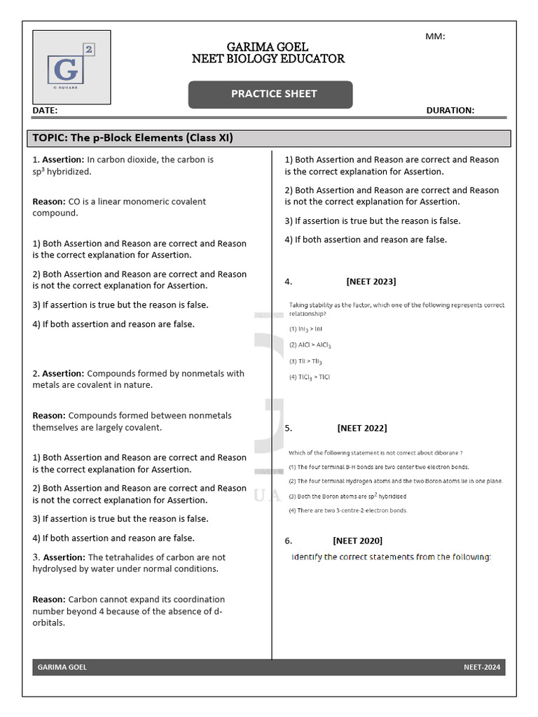 CHEMISTRY DPP-14 The P-Block Elements (Class XI) by Garima Mam | PDF | Carbon | Chemical Compounds