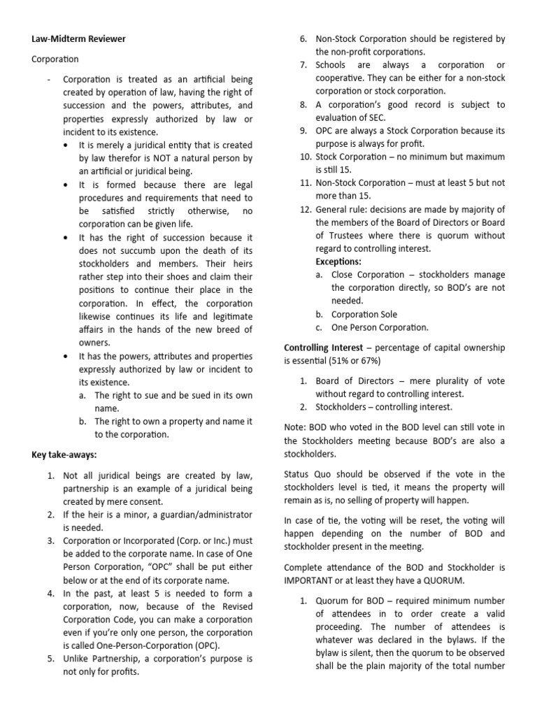Law Midterm Reviewer | PDF | Stocks | Preferred Stock