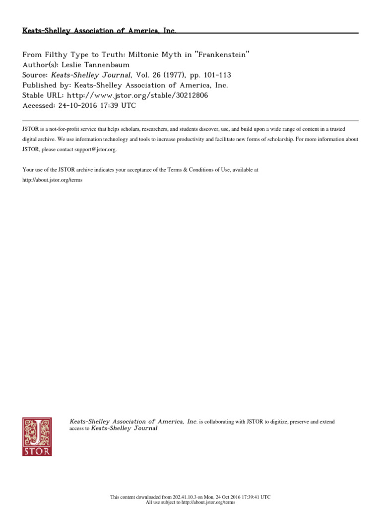 Miltonic Myth in Frankenstein Analysis | PDF | Frankenstein | Paradise Lost