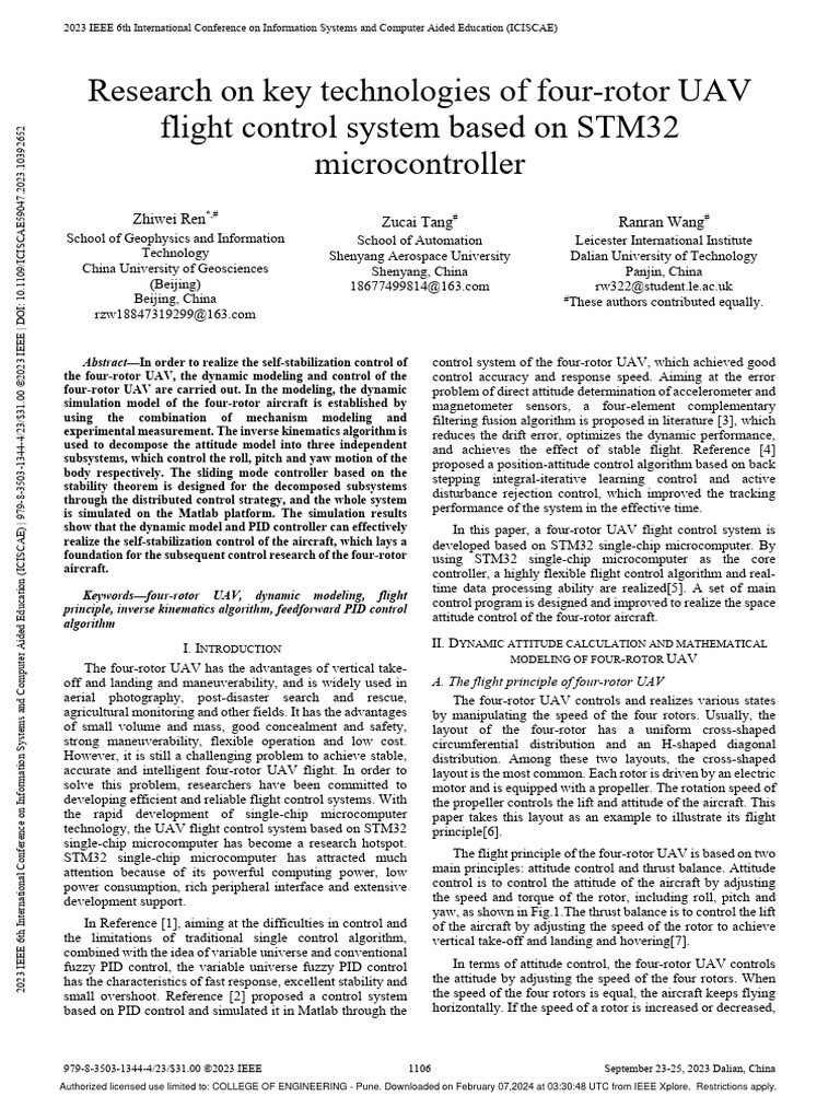 Research On Key Technologies Of Four Rotor Uav Flight Control System Based On Stm32 