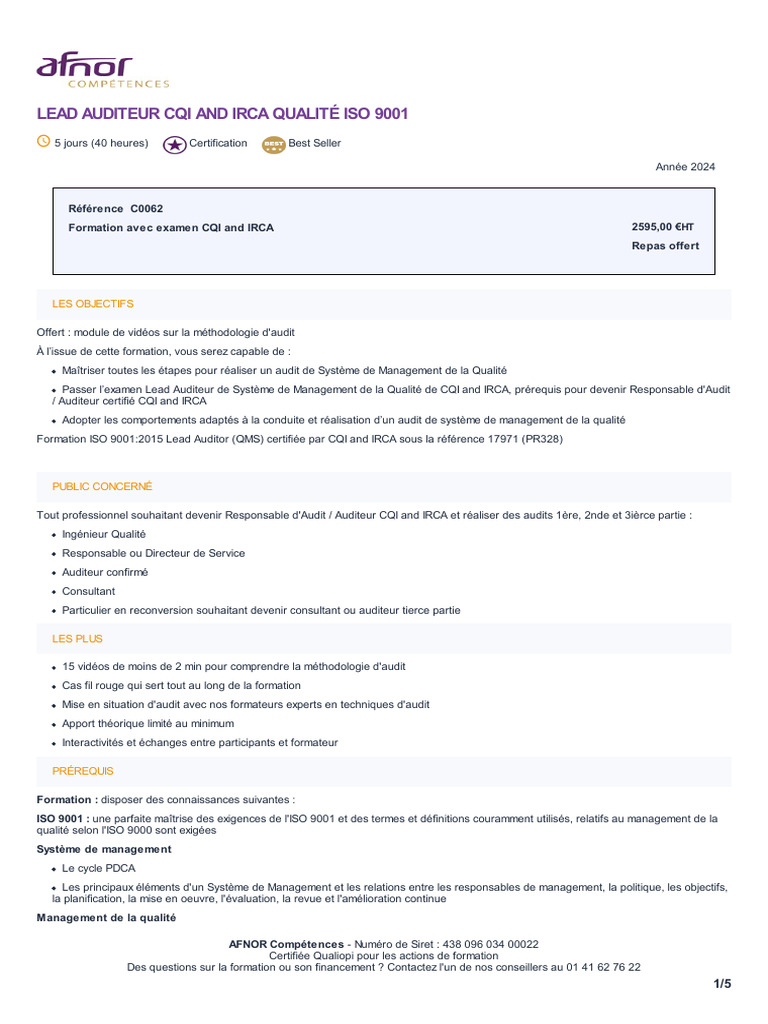 Lead Auditeur CQI and IRCA Qualité ISO 9001 | PDF | Audit | Management ...