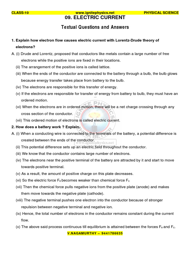 10th PS EM 09 TQA Electric Current SCERT | PDF | Electrical Resistivity ...