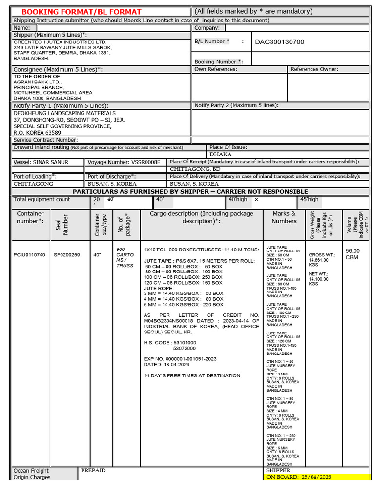 Busan B L Draft Dac300130700 | PDF | Supply Chain Management | Ships