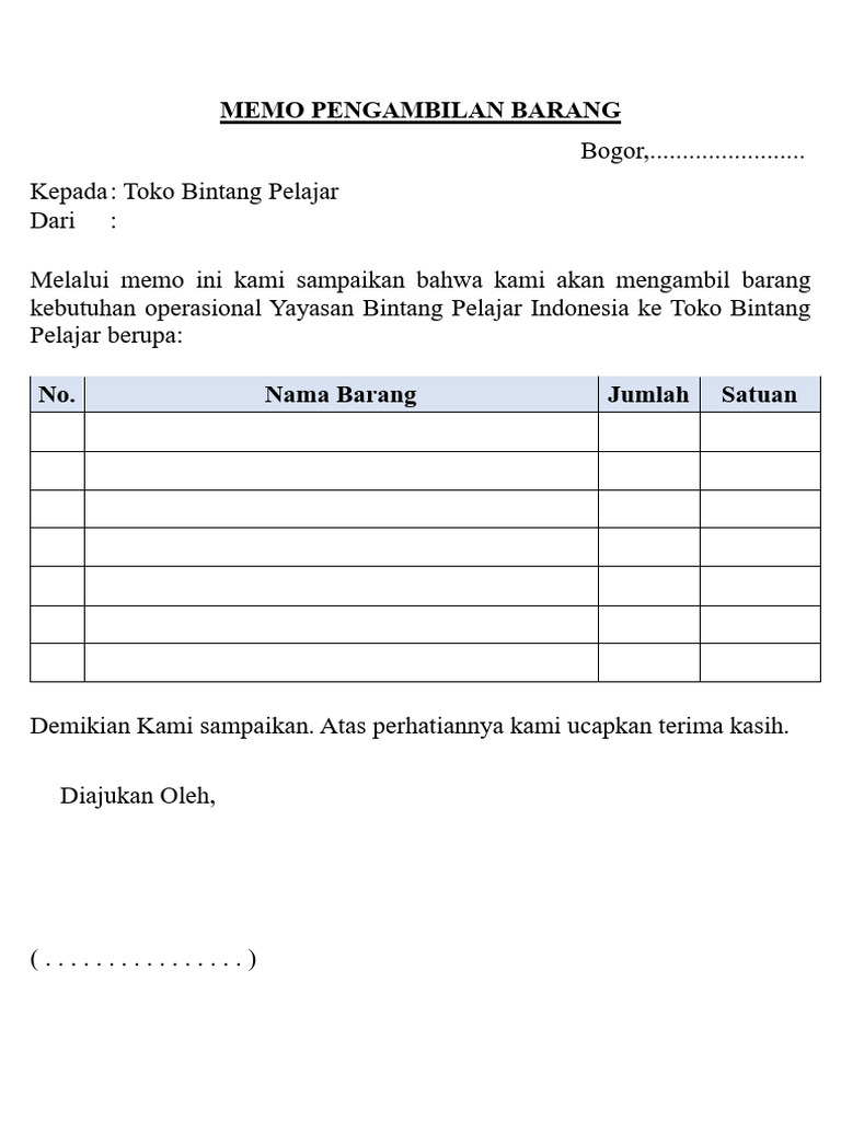 Memo Pengambilan Barang | PDF