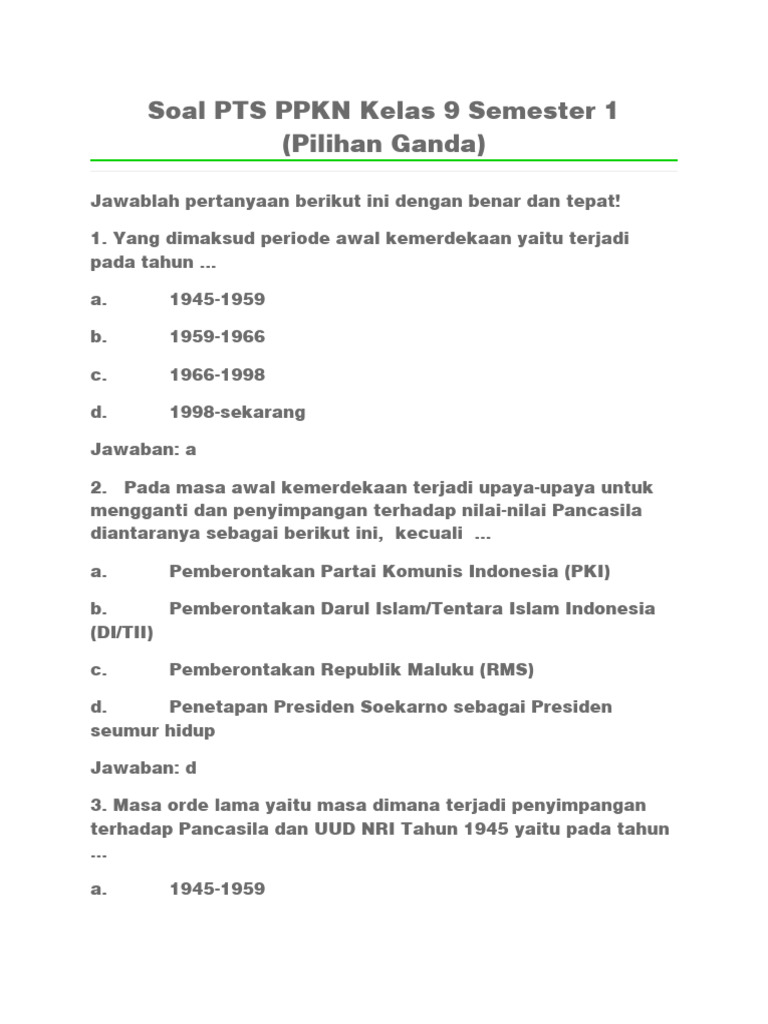 Soal PTS PPKN Kelas 9 Semester 1 | PDF