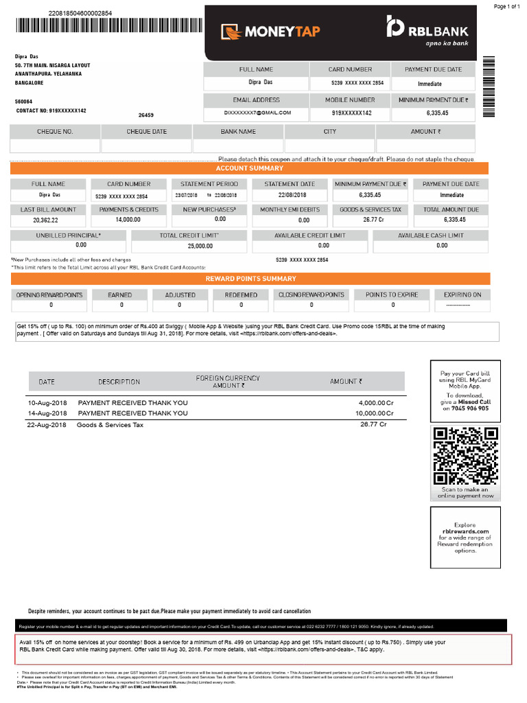 RBL Credit Card Statement - Unlocked | Download Free PDF | Credit Card ...