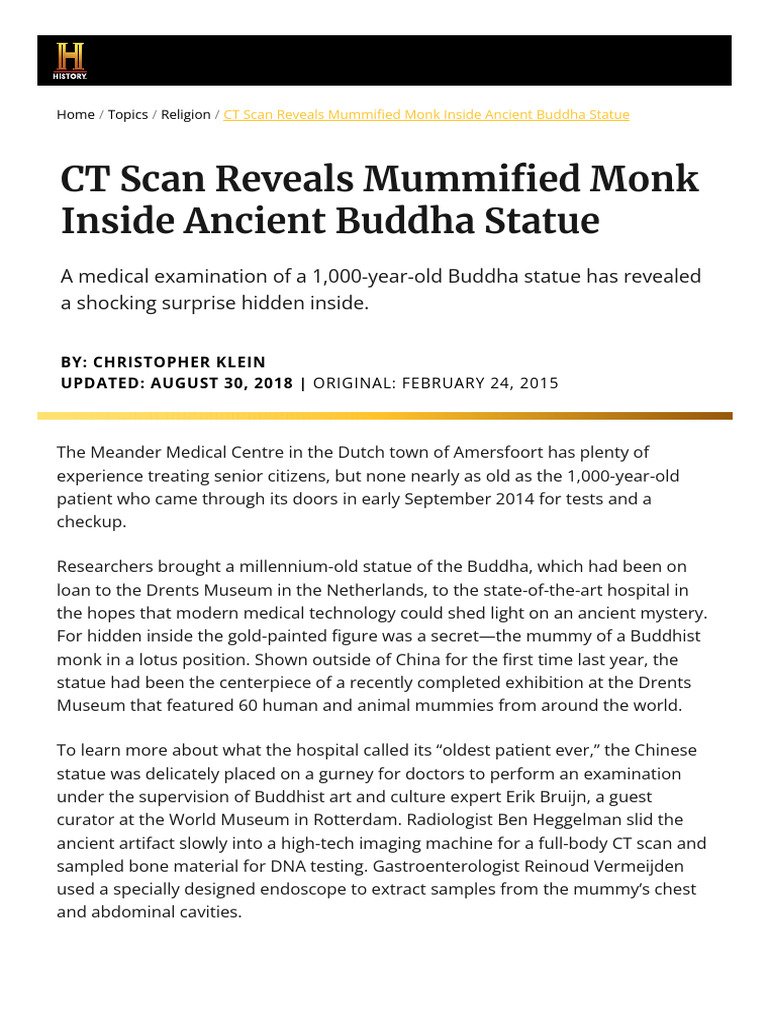 CT Scan Reveals Mummified Monk Inside Ancient Buddha Statue - HISTORY | Download Free PDF | Mummy