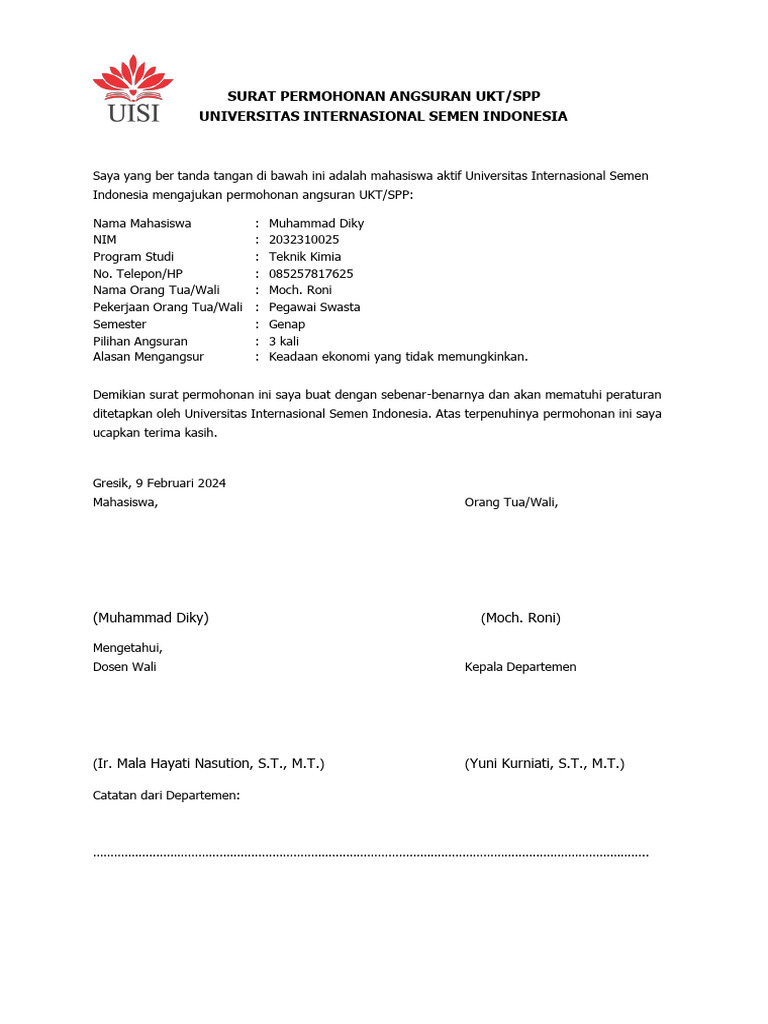 Surat Permohonan Angsuran UKT | PDF