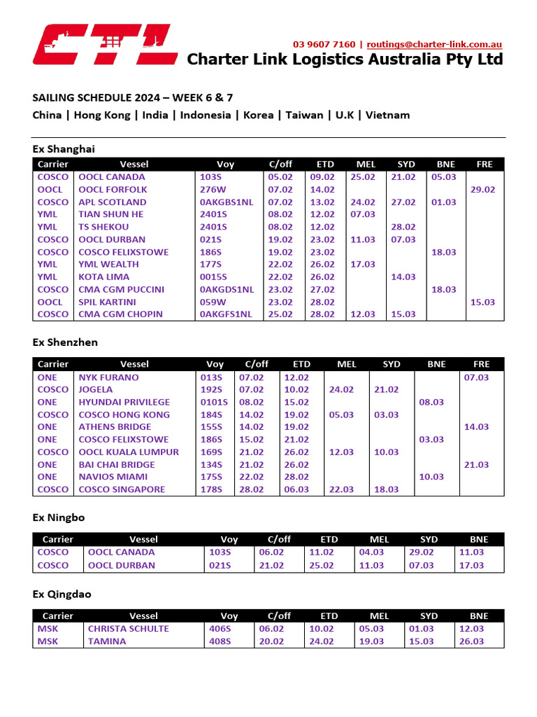 CTL Sailing Schedule 2024 - Week 6 & 7 | PDF | Freight Transport ...