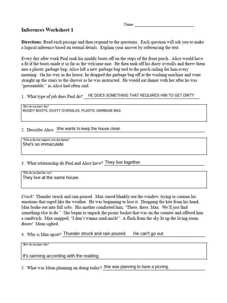 Inferences Worksheet 1 | PDF