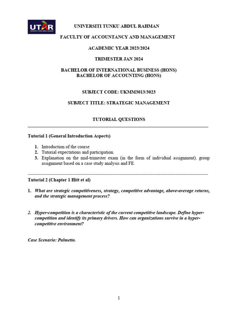 SM Tutorial Questions JAN 2024 | PDF | Strategic Management | Retail